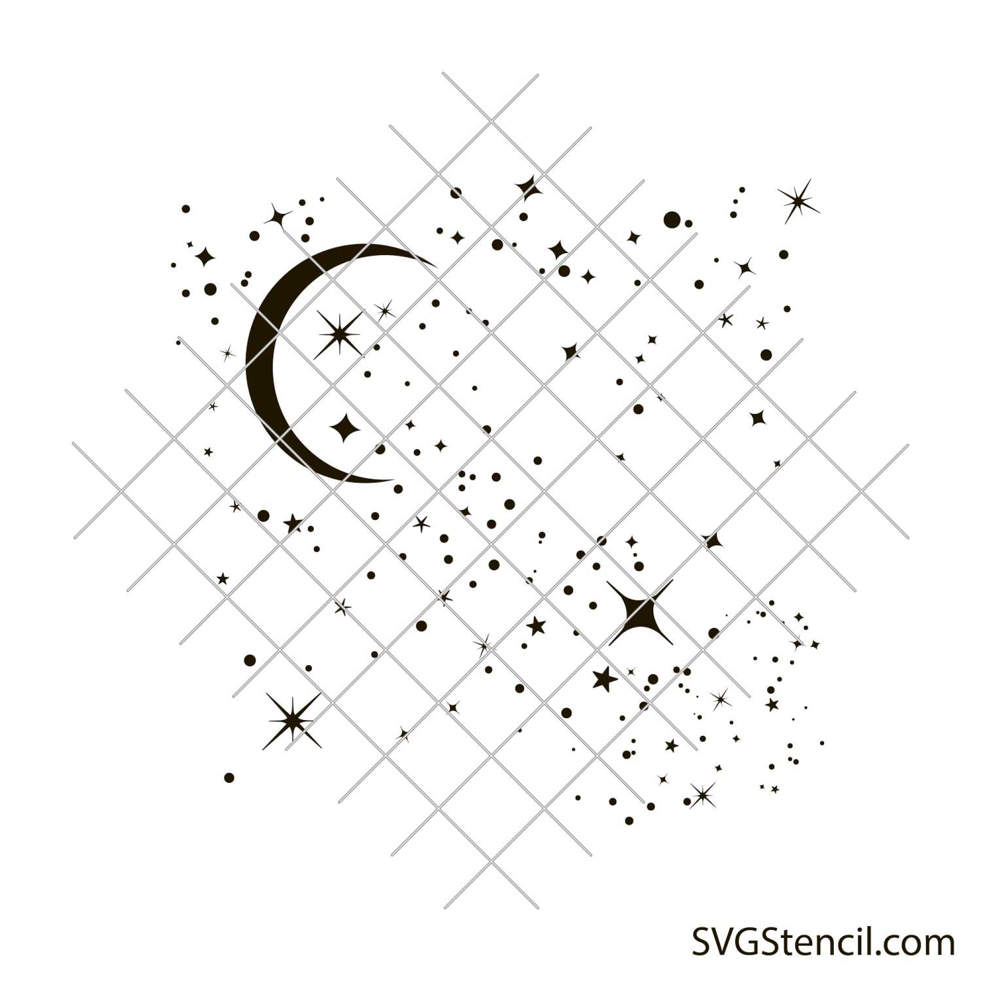 Night sky svg | Crescent moon svg | Falling stars svg - SVGStencil