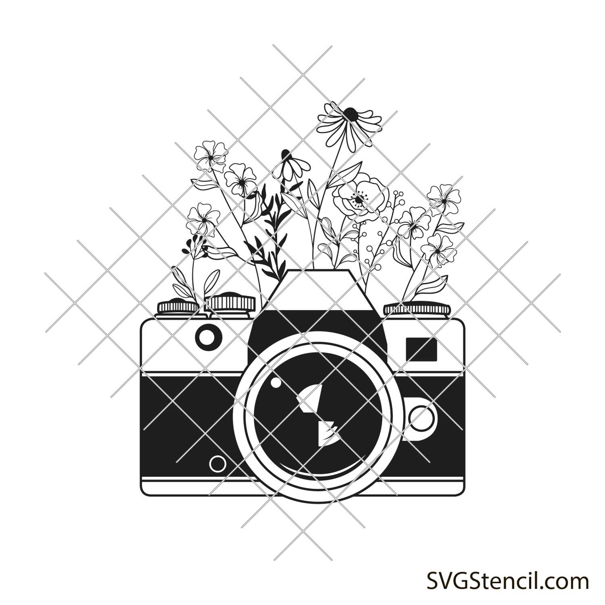 Camera with flowers svg |Wild flower svg |Floral camera svg - SVGStencil